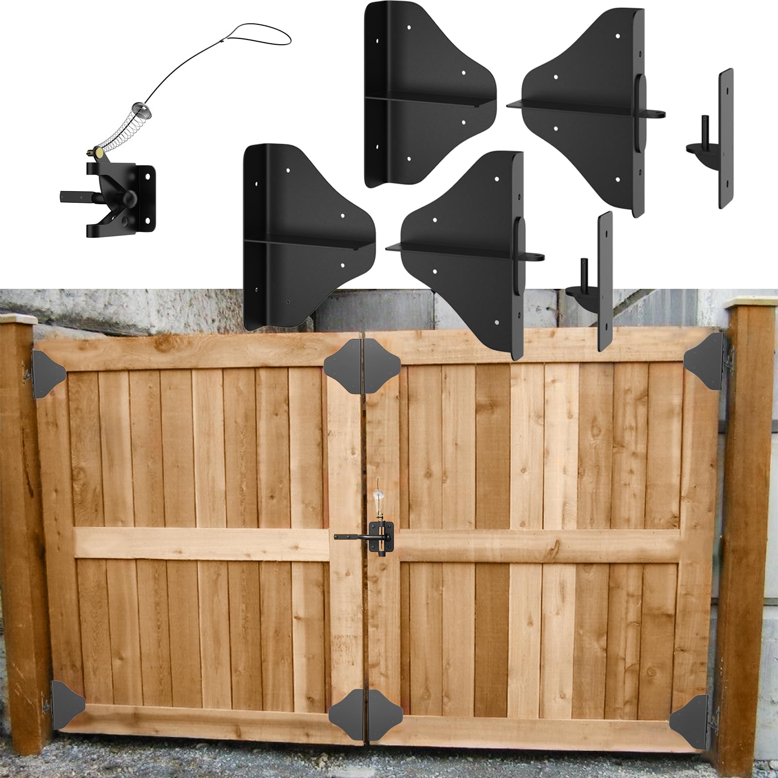 Fence Gate Kit (8 Brackets) Wood Gate Brace Gate Hardware Anti Sag DIY Timber Gate Hinge Bracket, Come with an Auto-Lock Latch