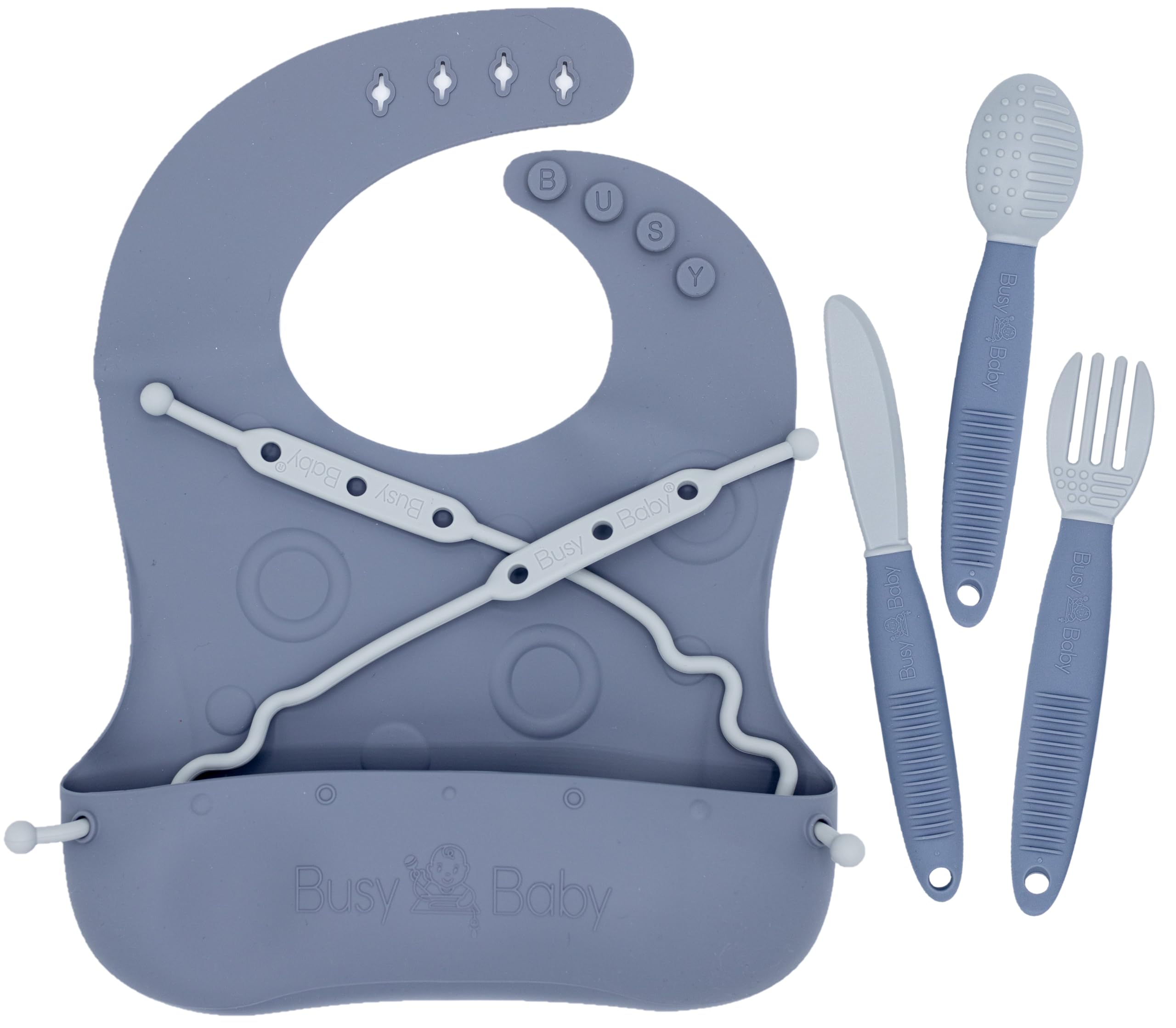 BUSY BABY Bungee Bib & Utensil Set – Adjustable Silicone Bib with Pocket & Tethered Utensils for Babies & Toddlers