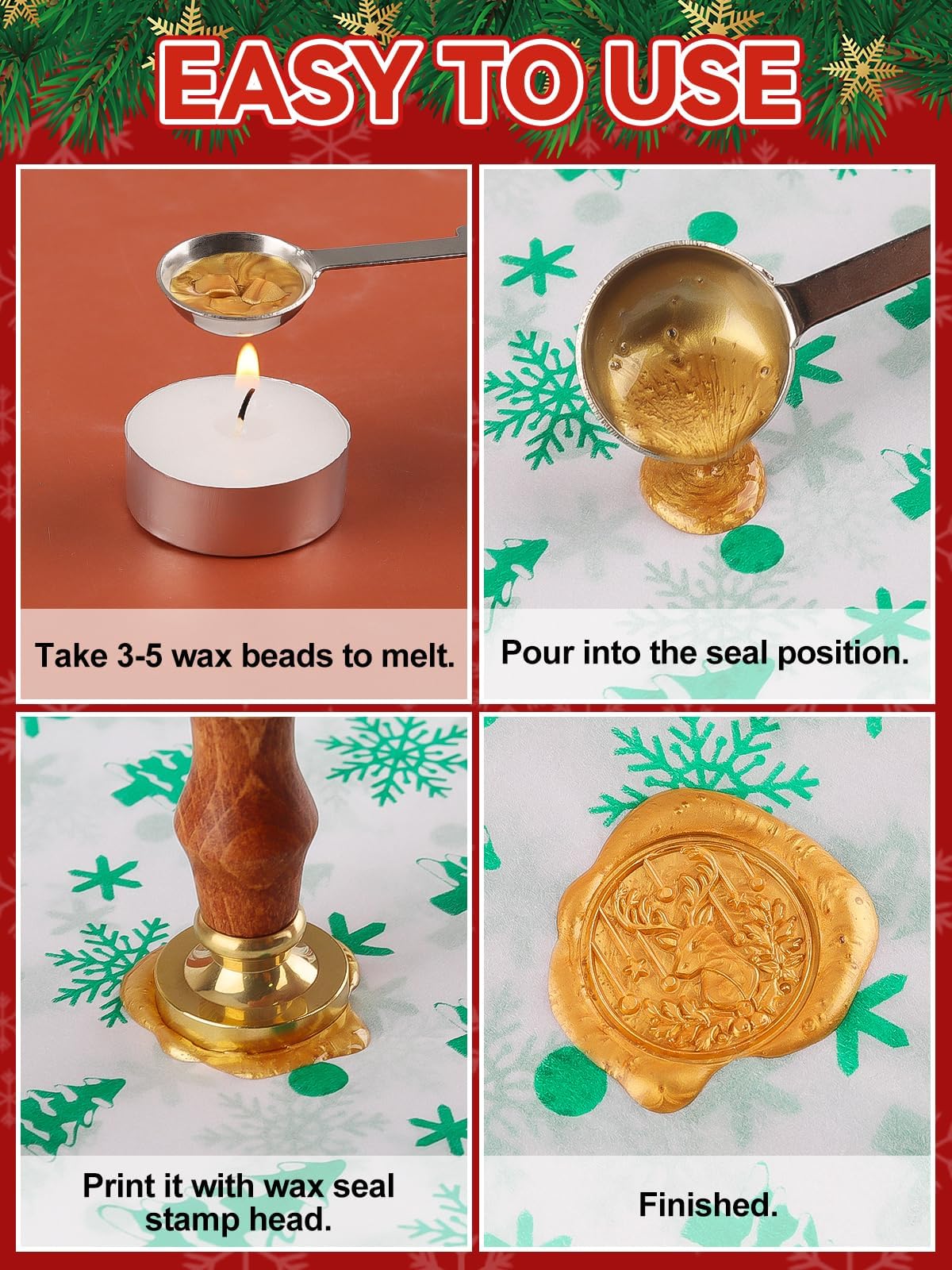 Christmas Wax Seal Stamp Kit Lanstics Wax Seal Stamp Brass Head, 200Pcs Sealing Wax Beads in 4 Colors, Wooden Hilt, Melting Spoon, Tea Candles for Cards Envelopes, Gift Packaging
