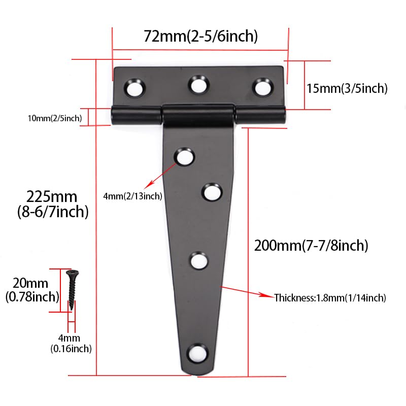 8 inch T Strap Hinges Gate Hinges, 4PCS T-Strap Shed Door Hinges Heavy Duty, Tee Hinge for Wooden Fences,Yard Door,Barn Door Gates, Wrought Rustproof