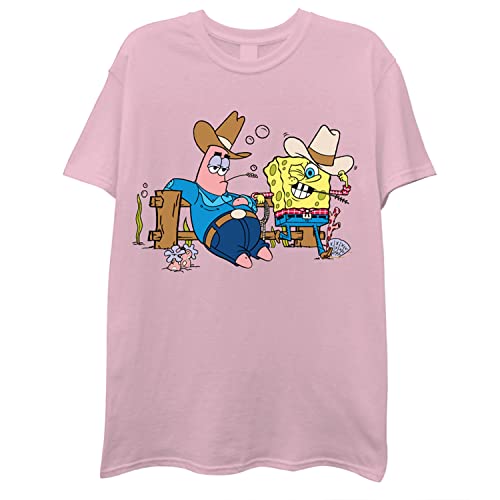Mens Spongebob Squarepants Classic Shirt - Spongebob, Patrick & Krusty Krab T-Shirt (Light Pink Western, Large)