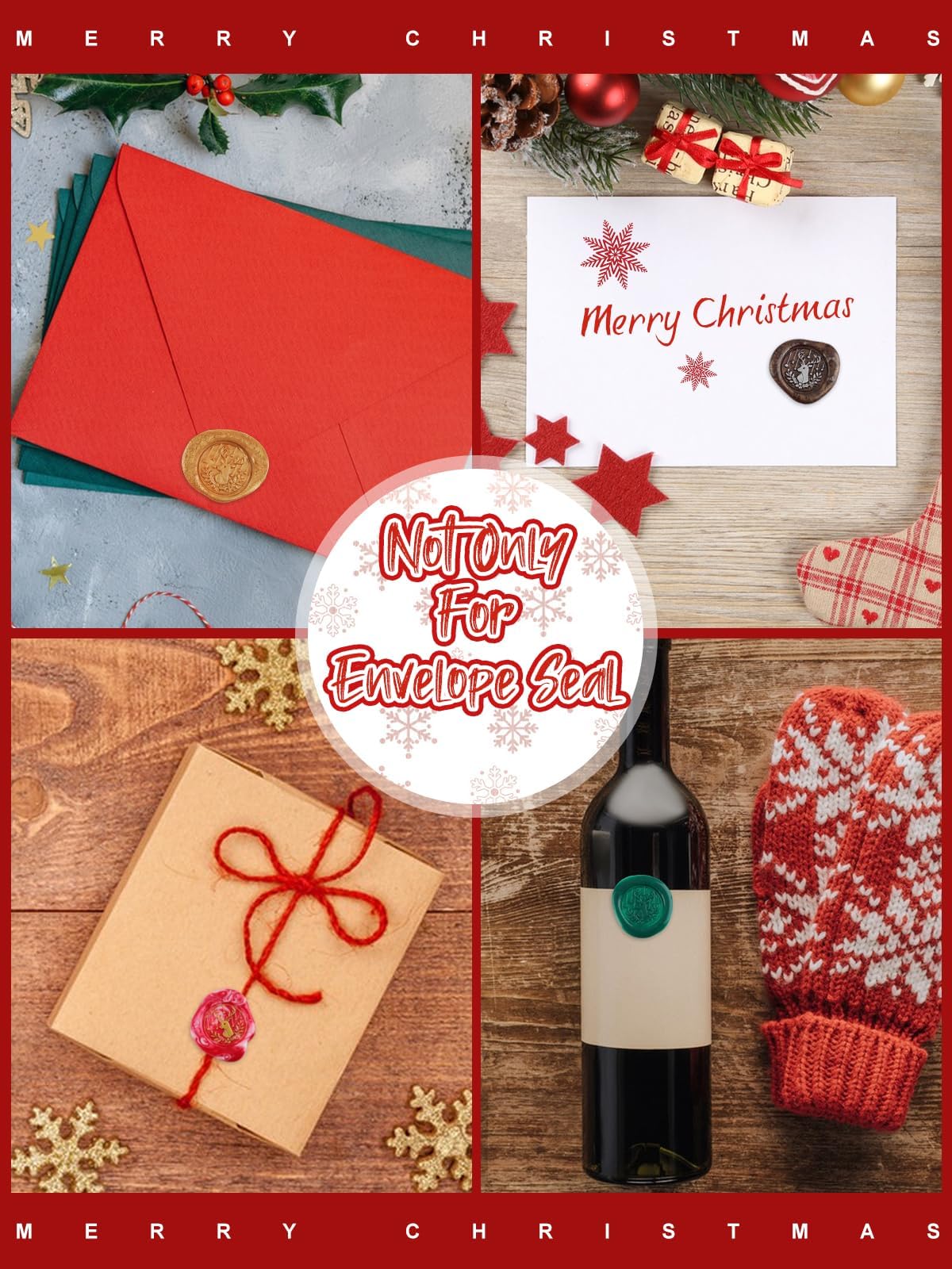 Christmas Wax Seal Stamp Kit Lanstics Wax Seal Stamp Brass Head, 200Pcs Sealing Wax Beads in 4 Colors, Wooden Hilt, Melting Spoon, Tea Candles for Cards Envelopes, Gift Packaging