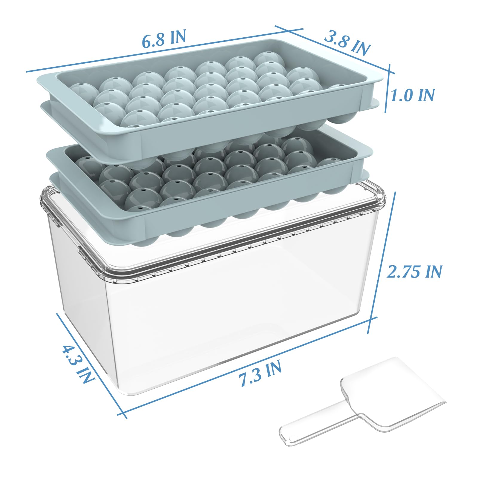 Idosf Round Ice Cube Tray with Lid & Bin for Mini Fridge, Space-Saving Ice Trays for Freezer, 66 x 0.8IN Sphere Ice Cube Mold Making, 2 Pack Circle Ice Makers with Ice Buckets & Scoop