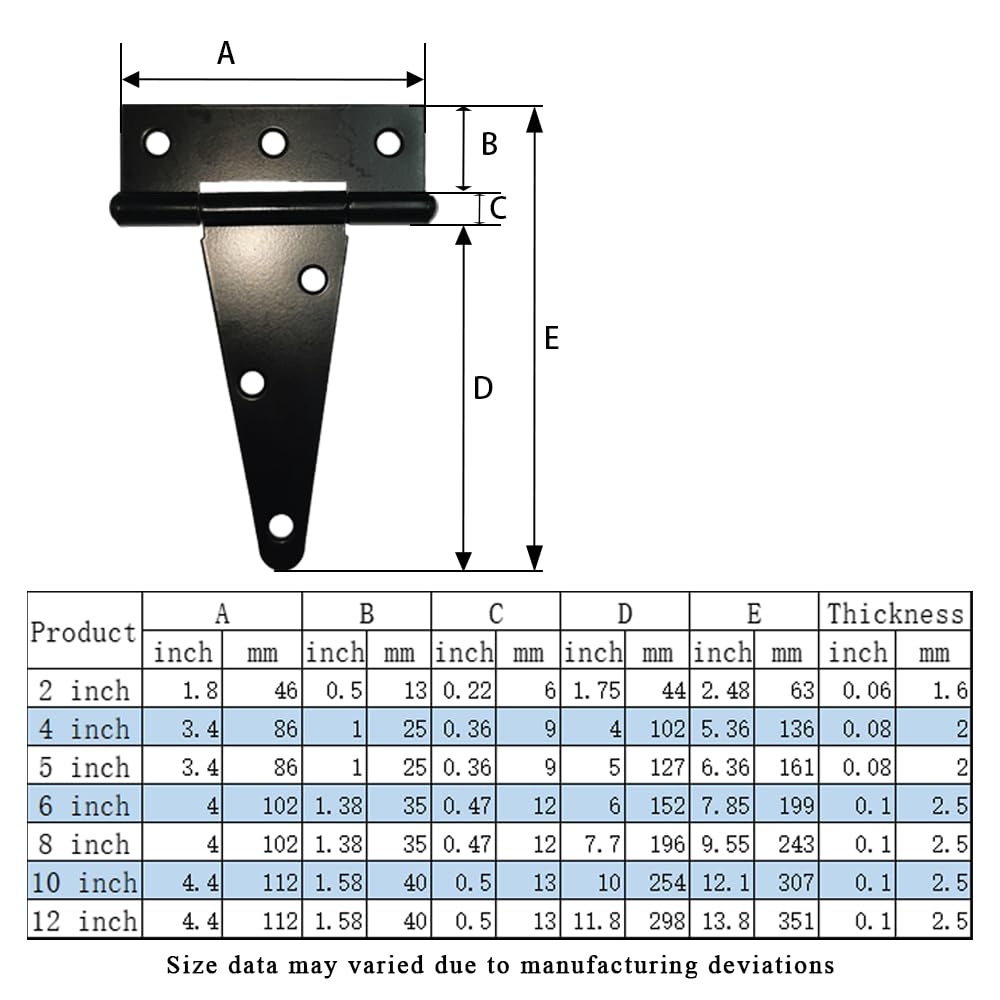 HLMOptimo Heavy Duty T Hinge Tee Hinge T Strap Hinge Shed Hinge Gate Hinge Barn Hinge Fence Hinge Door Hinge Wrought Rustproof All Size Black (6 pcs, 6 inch