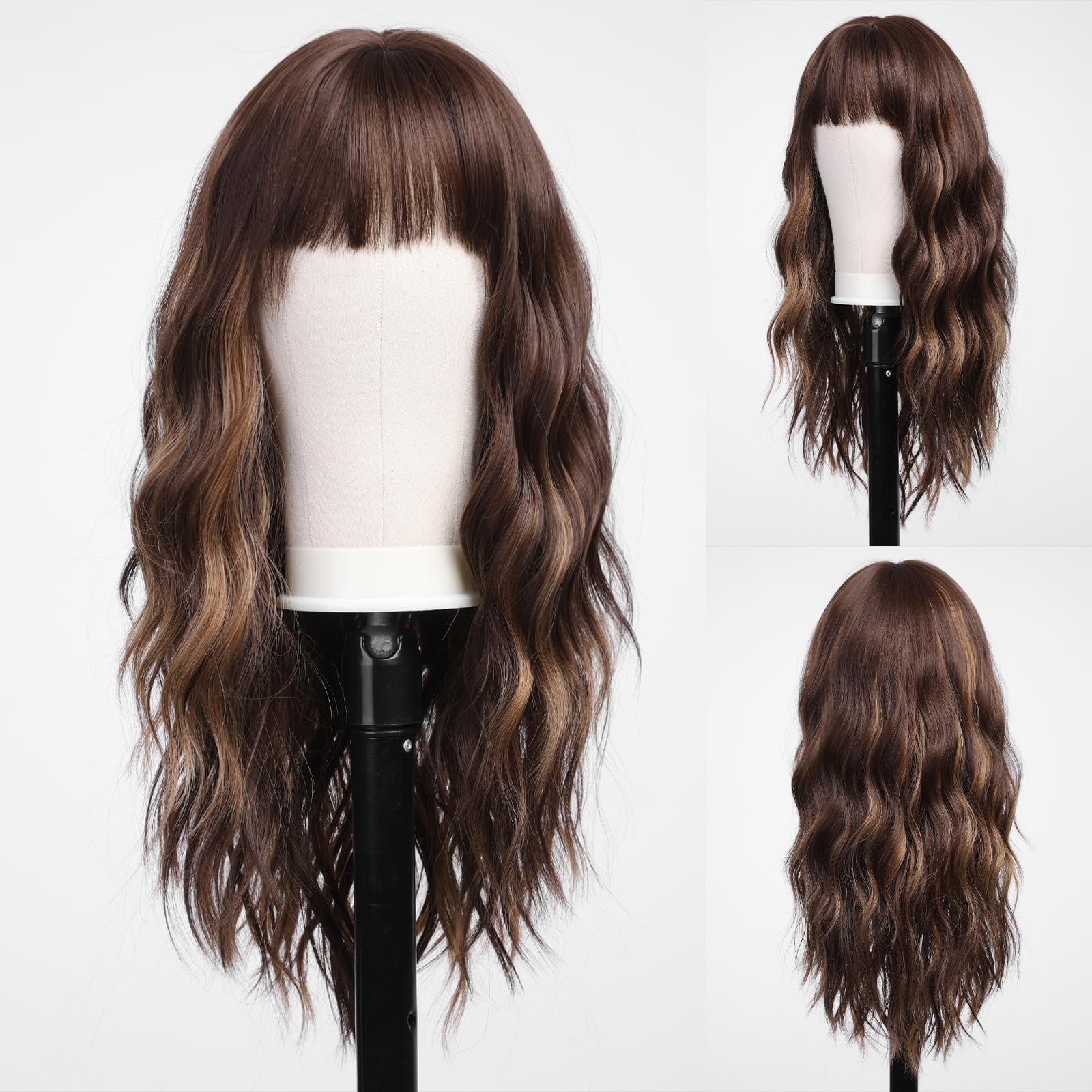 HAIRCUBE Long Brown Highlights Wigs for Women Curly Layered Wig with Bangs Natural Synthetic Hair