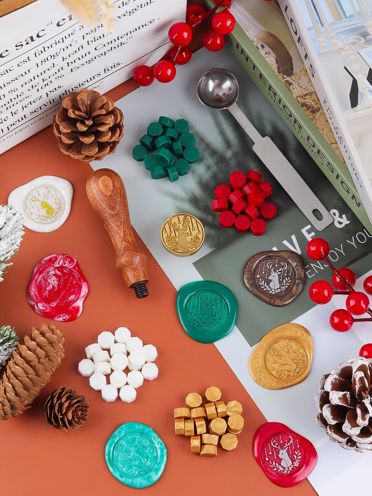 Christmas Wax Seal Stamp Kit Lanstics Wax Seal Stamp Brass Head, 200Pcs Sealing Wax Beads in 4 Colors, Wooden Hilt, Melting Spoon, Tea Candles for Cards Envelopes, Gift Packaging