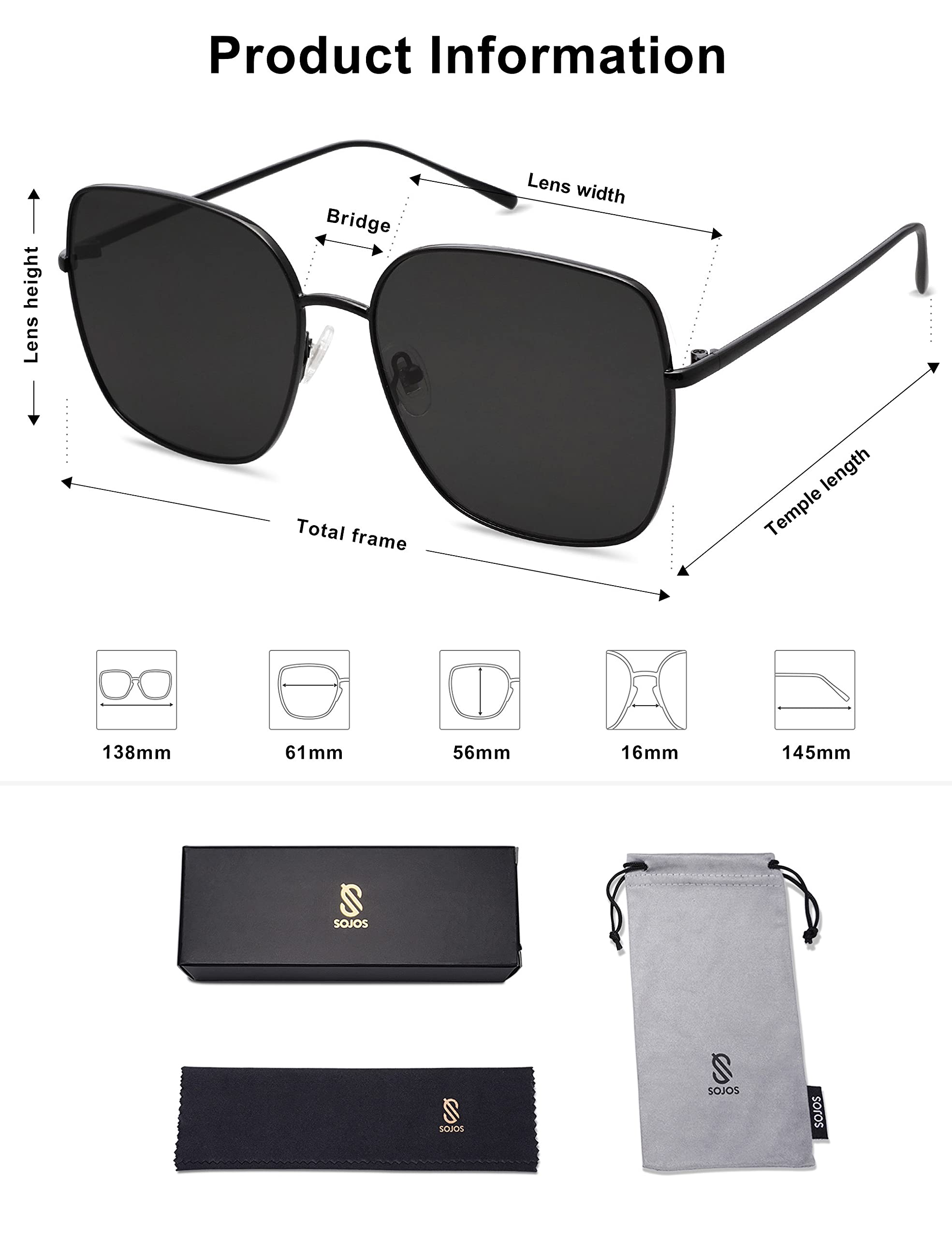SOJOS Trendy Oversized Square Metal Frame Sunglasses for Women Men Retro Big Flat Lens UV Protection Sunglasses SJ1146, Black Frame/Grey Lens