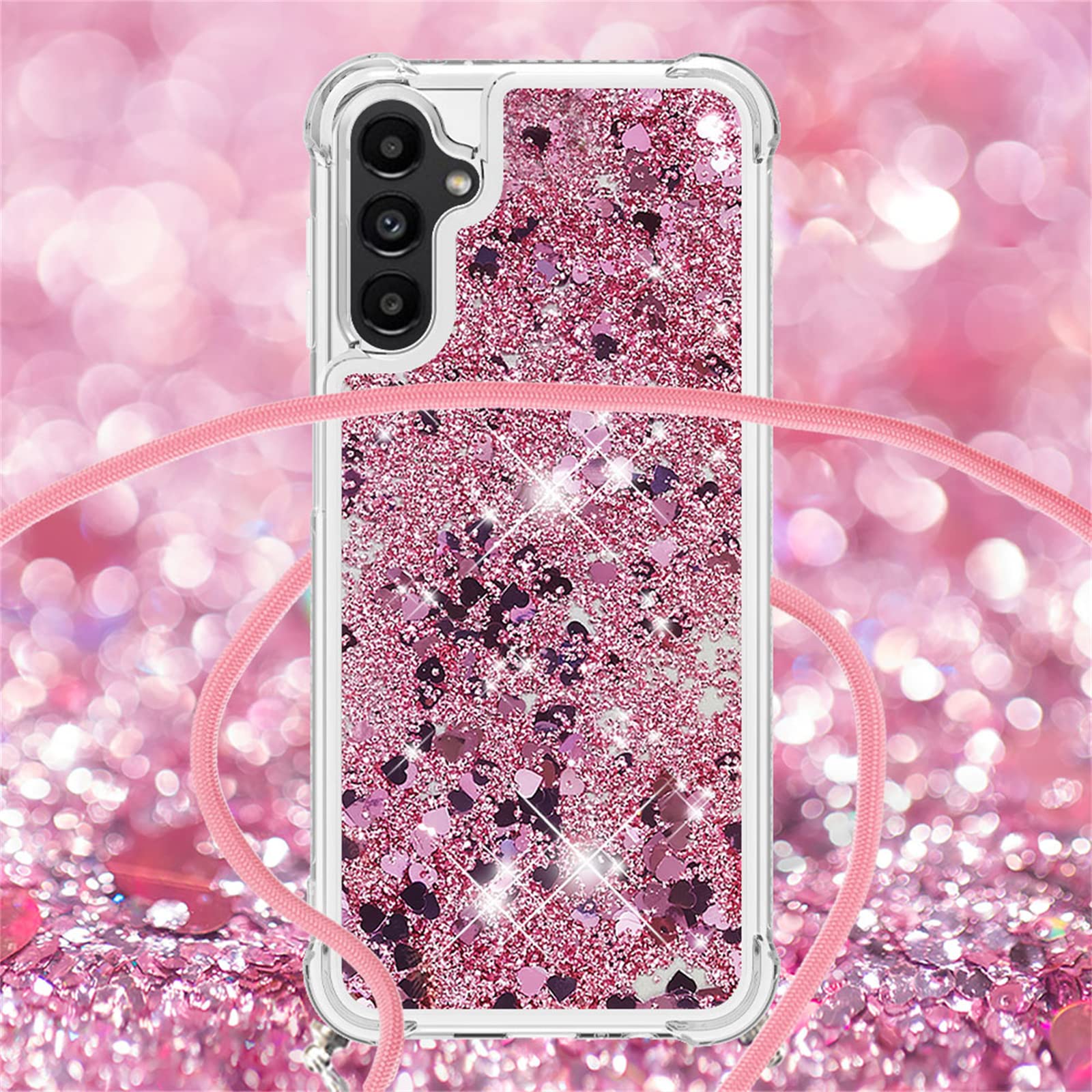 Ephoou Glitter Case for Samsung Galaxy A14 with Adjustable Lanyard Neck Strap, Sparkle Transparent Quicksand Waterfall Soft TPU Liquid Cover for Samsung Galaxy A14 4G/ 5G LSGS-Rose Gold
