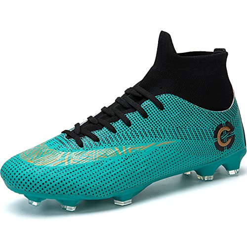 Men's Soccer Cleats Football Shoes Lightweight High-Tops Lace-Up Non-Slip Spikes Green EU 40