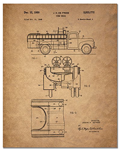 BigWig Photos Fireman Patent Wall Art Prints - Firemen Firefighter Gift Set of 6 (8 inches x 10 inches)