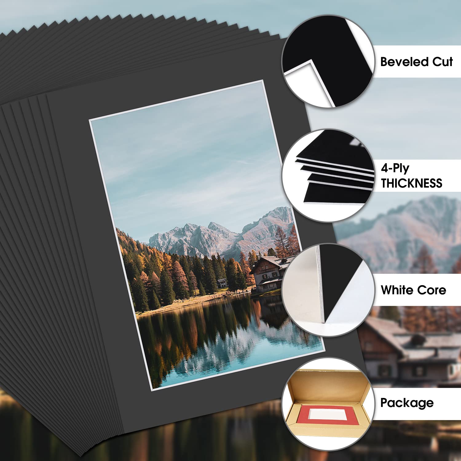 Golden State Art, Acid Free, Pack of 100, 5x7 Black Picture Mats Mattes for 4x6 Photos - White Core Bevel Cut