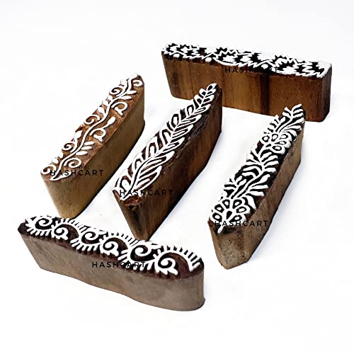 HASHCART® Wooden Pottery Stamps for Block Printing - Finger Shapes Stamp Set of 5, Made in India Ink Stamps, Wood Blocks for Crafting on Fabric, Clay & Henna Tattoo, Wood Stamps for Craft