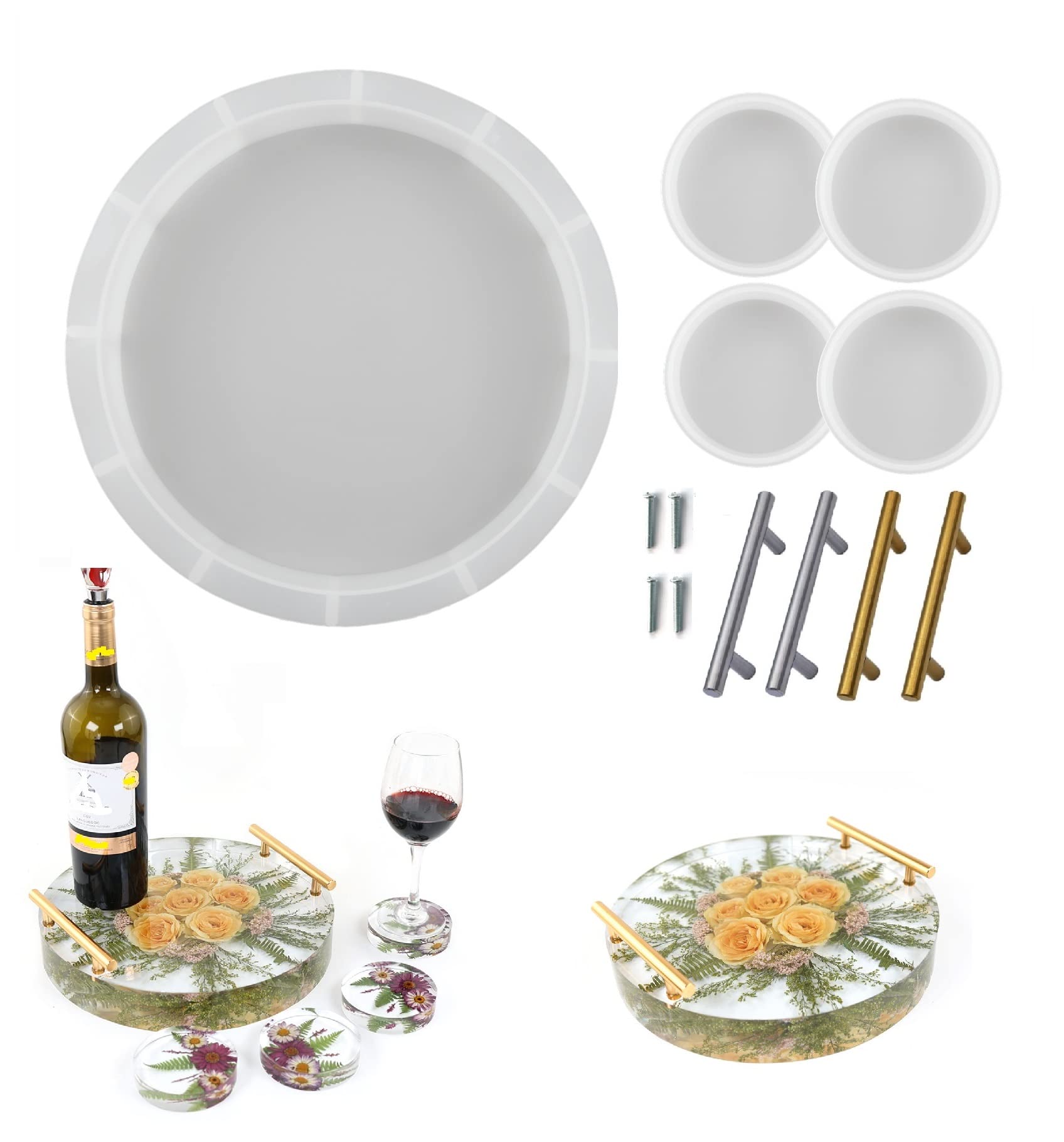 Resin Tray Molds Silicone, 12" Large Round Deep Tray Resin Mold and 4 Piece Round Deep Coaster Molds, Silicone Tray Board Table Resin Mold & Handles, Floral Preservation Bouquet Resin Mold