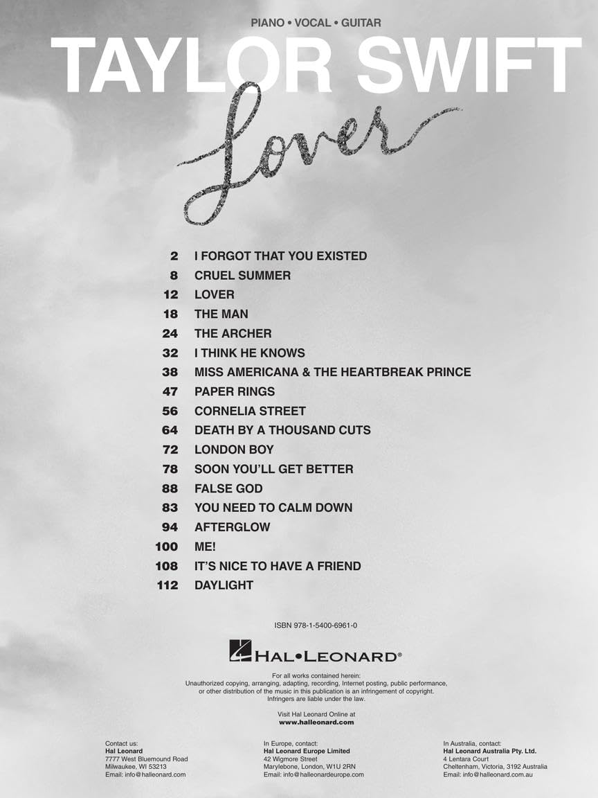 TAYLOR SWIFT - LOVER | EASY TAYLOR SWIFT PIANO MUSIC BOOK | 18 HITS BY THE GREATEST POP ARTIST - SON