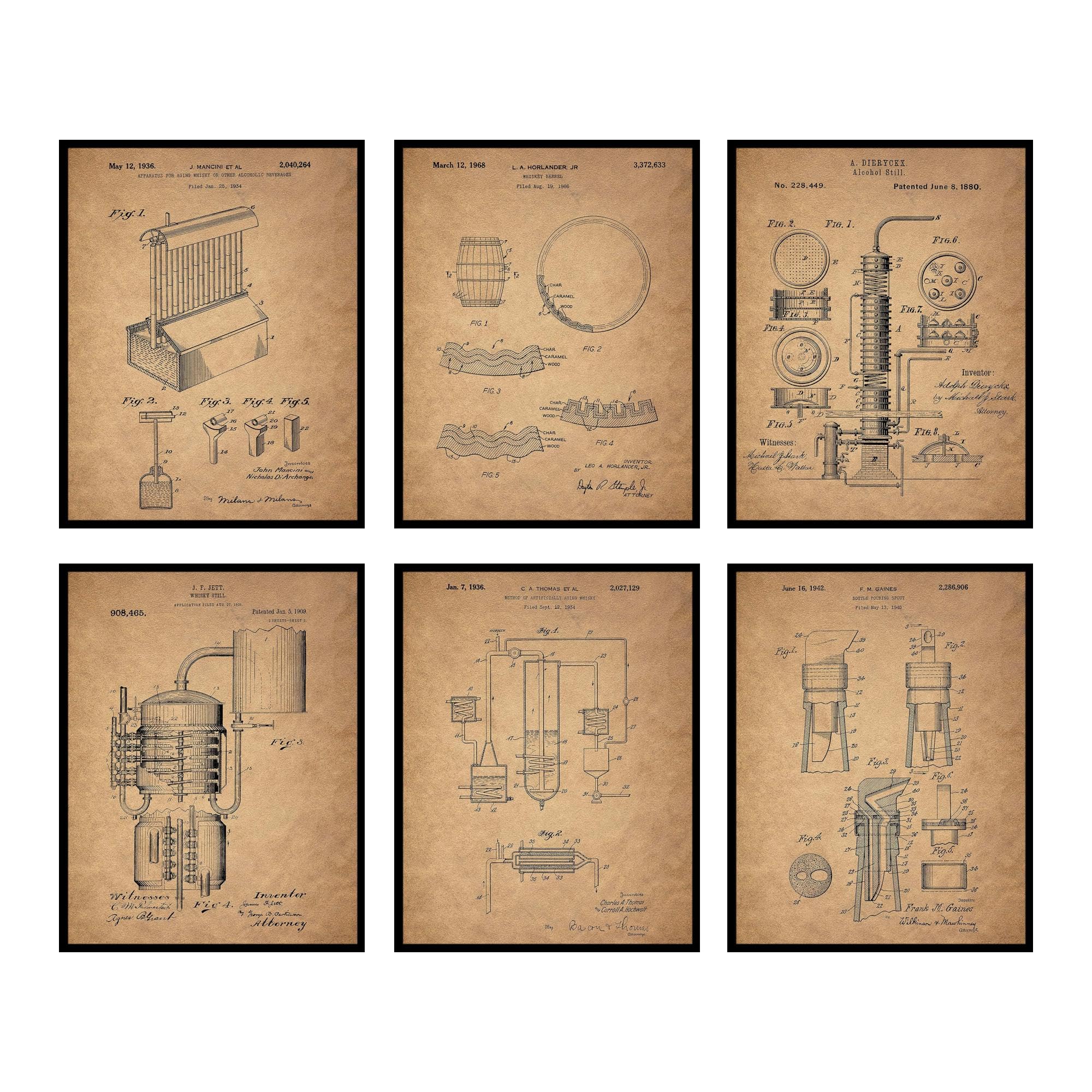 BigWig Prints Whiskey Patent Wall Decor - Bar Art for Home, Whiskey Decor, Bourbon Wall Artwork for Home, Vintage Alcohol Poster, Bar Cart Art - Unframed Set of 6 (8x10”)