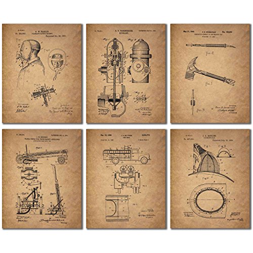 BigWig Photos Fireman Patent Wall Art Prints - Firemen Firefighter Gift Set of 6 (8 inches x 10 inches)