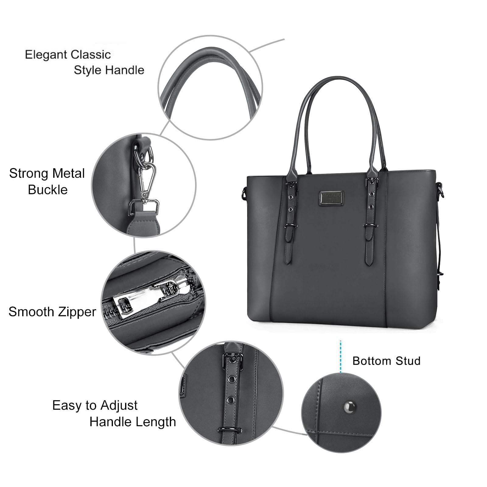 MOSISO PU Leather Laptop Tote Bag for Women (15-16 inch), Waterproof Large Capacity Business Work Briefcase Shoulder Laptop Bag, Gray