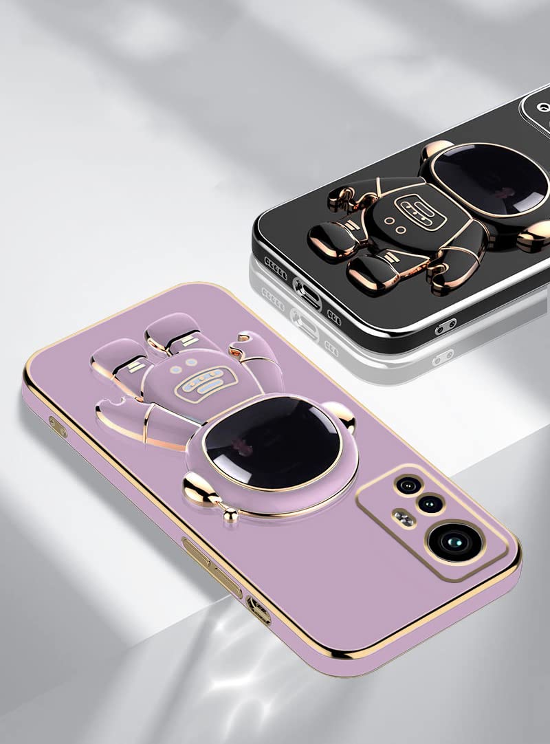 Compatible with Redmi Note 12s Case with Plating Creative Astronaut Cartoon Holder Pink, Xiaomi Redmi Note 12s Phone Case Silicone Shockproof Stand Soft TPU Protective Slim Cover (Purple)