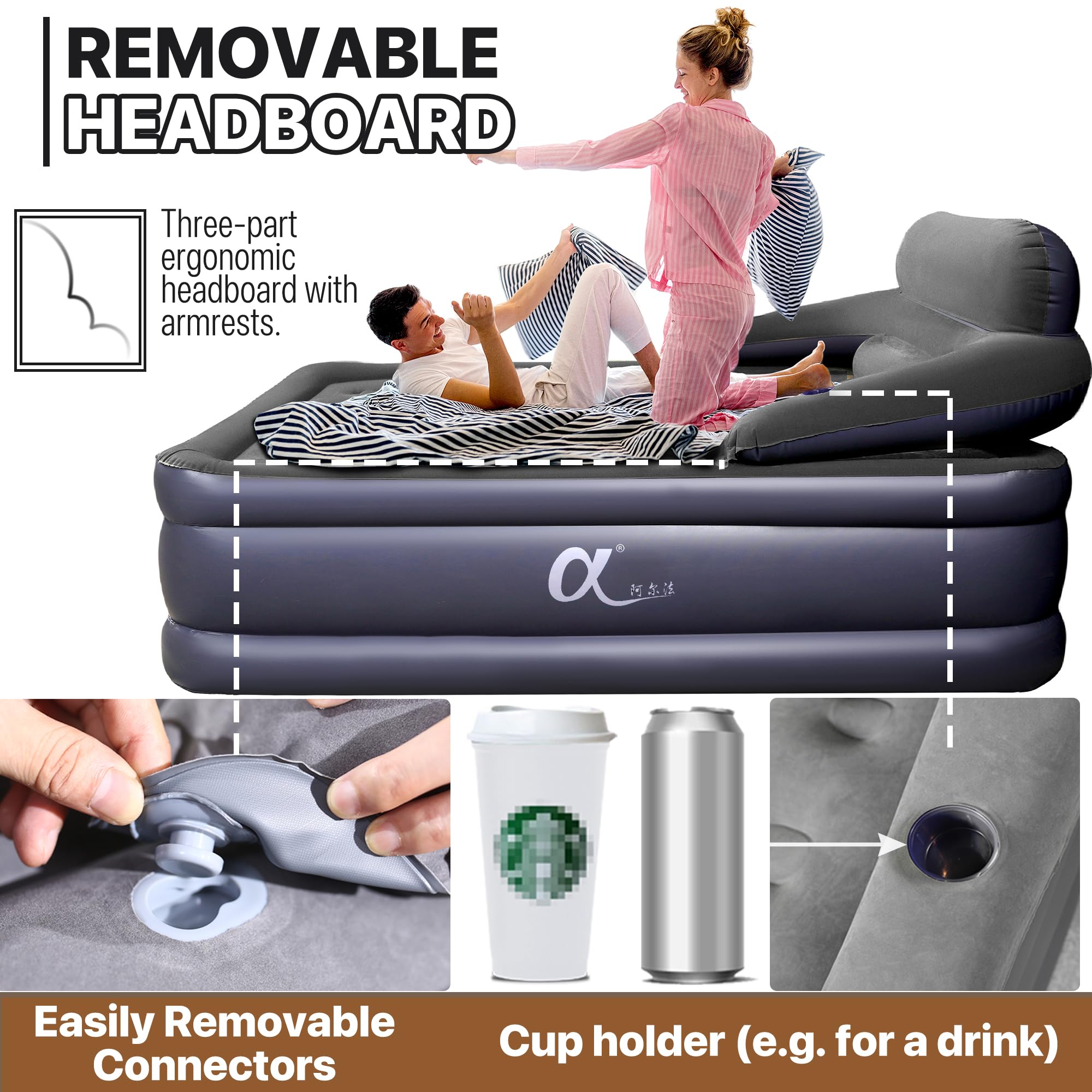 A-ER-FA Queen Air Mattress with Headboard and Cup Holder, Comfort Blow Up Mattress, Inflatable Mattress for Guests and Home, Colchon Inflable, Air Bed
