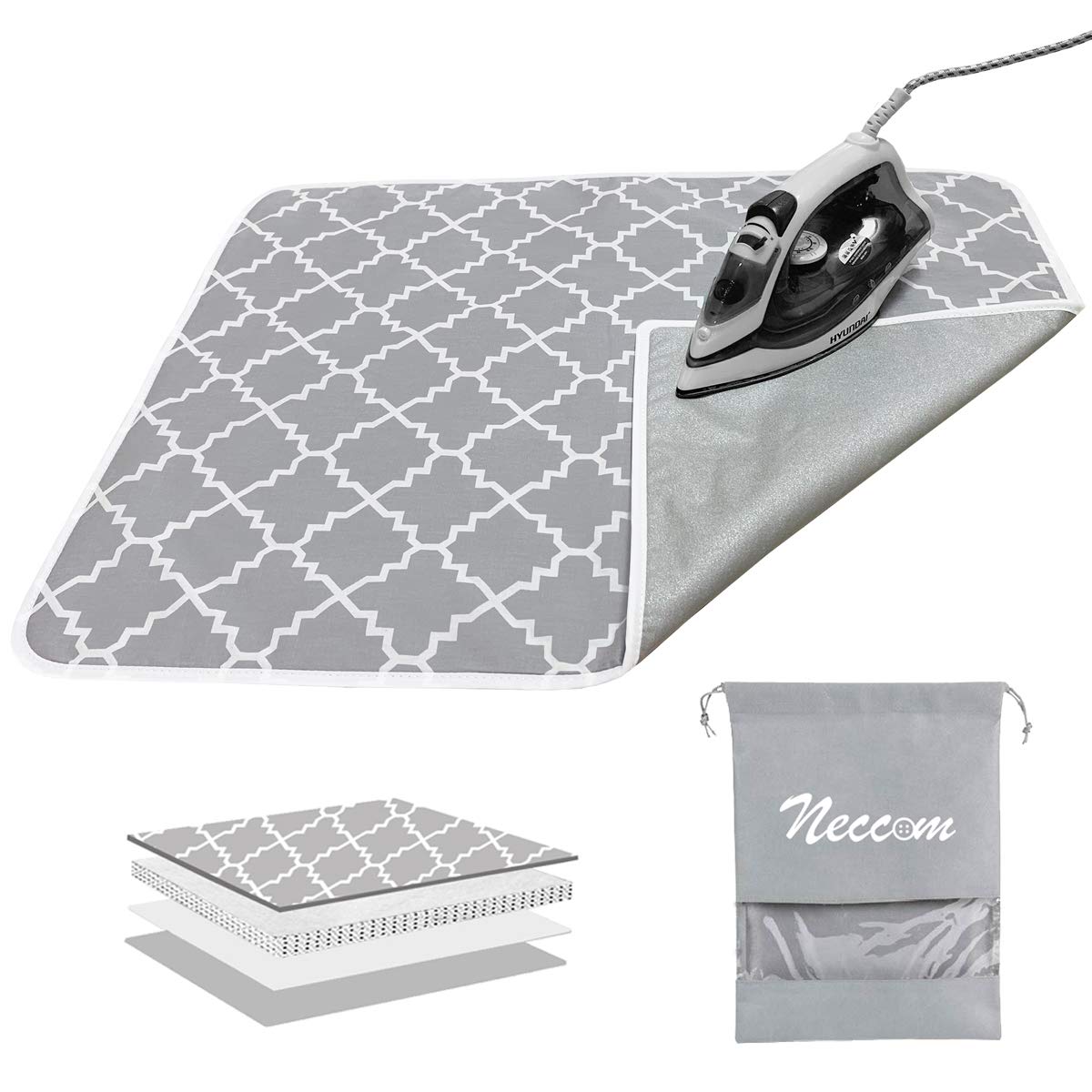 Neccom Ironing Mat with Silicone Pad Heat Resistant Ironing Blanket, Thick Portable Travel Ironing Pad for Table Top, Washer and Dryer, Cotton Ironing Padding Pack in Drawstring Bag 28"x21.6"