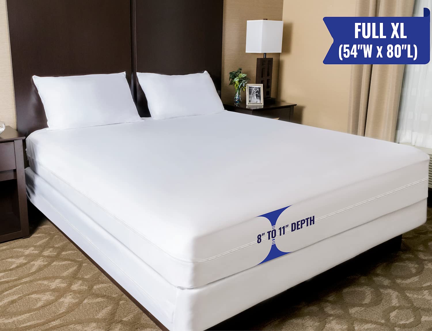 Full Extra Long (XL) Mattress Protector (8"-11" Depth) Waterproof Zippered Encasement Premium Quality Bed Cover Protects Against Dust White