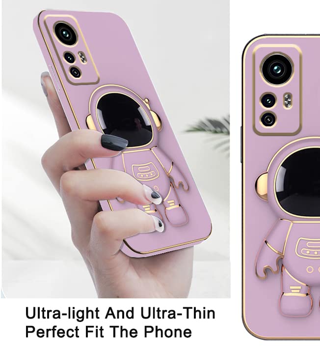 Compatible with Redmi Note 12s Case with Plating Creative Astronaut Cartoon Holder Pink, Xiaomi Redmi Note 12s Phone Case Silicone Shockproof Stand Soft TPU Protective Slim Cover (Purple)