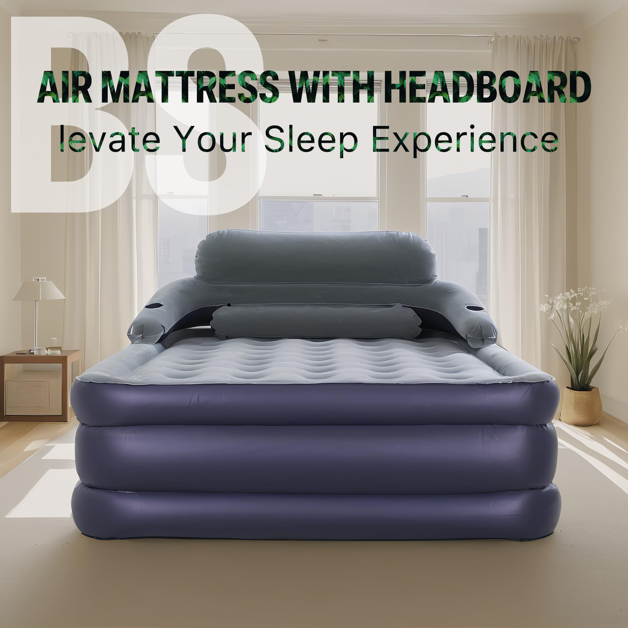 A-ER-FA Queen Air Mattress with Headboard and Cup Holder, Comfort Blow Up Mattress, Inflatable Mattress for Guests and Home, Colchon Inflable, Air Bed