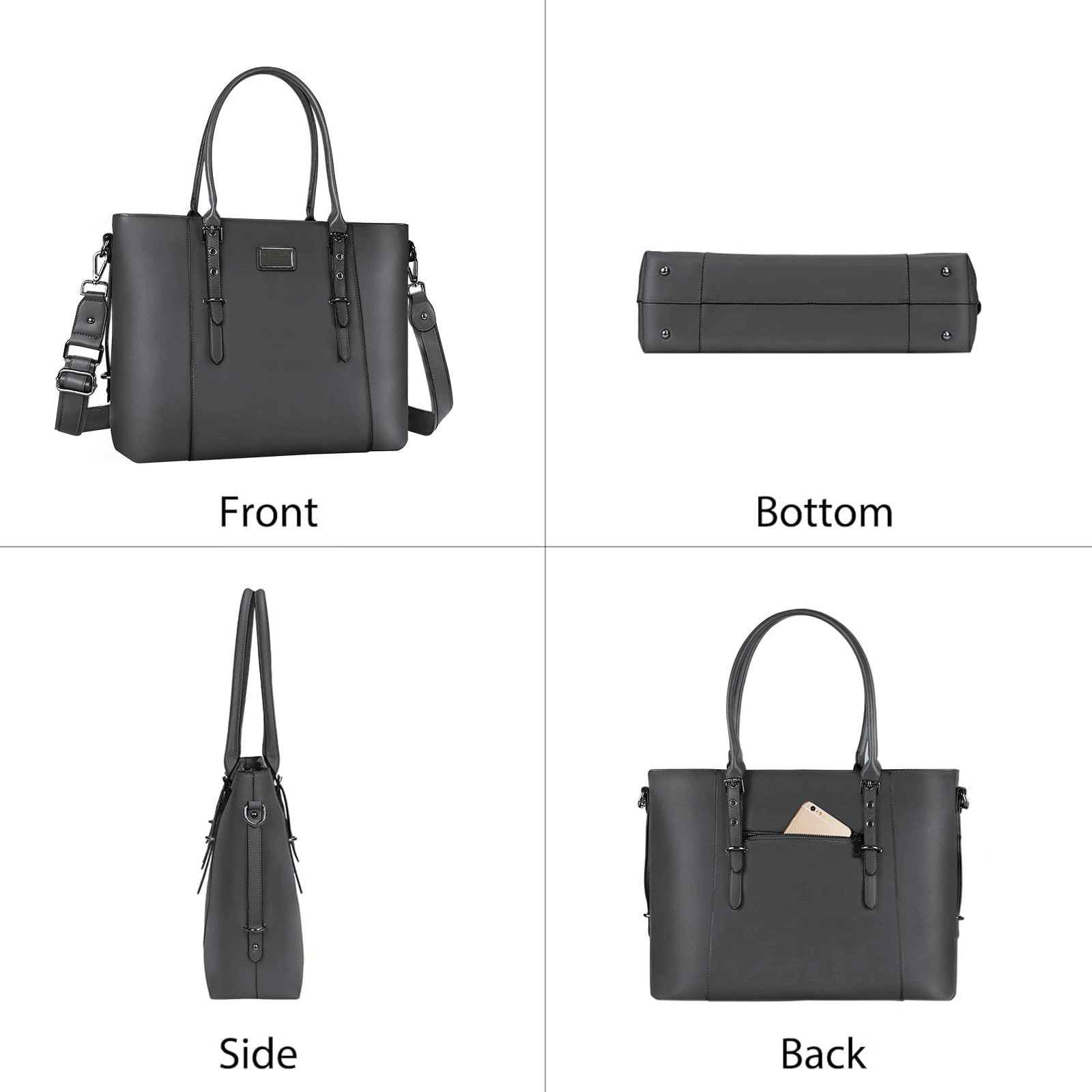 MOSISO PU Leather Laptop Tote Bag for Women (15-16 inch), Waterproof Large Capacity Business Work Briefcase Shoulder Laptop Bag, Gray