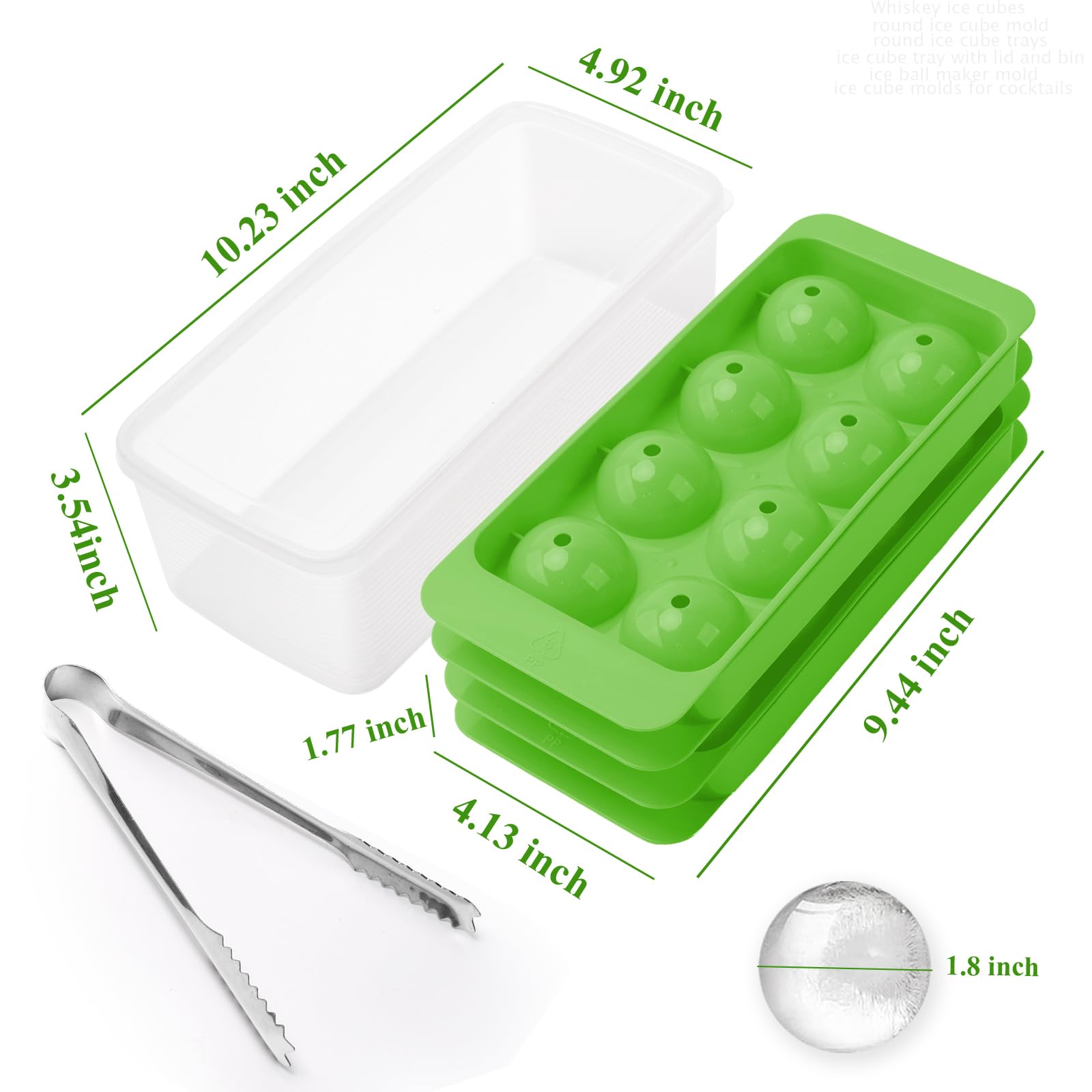 AIBIRUI Round Ice Cube Mold,2 x 8 PCS x 1.8'' Whiskey Ice Cubes,Circle Ice Cube Tray with Lid and Bin,Sphere Ice Ball Maker Mold,Large Ice Cube Molds for Cocktails,Coffee(Whiskey Ice Cubes Mold,Green)