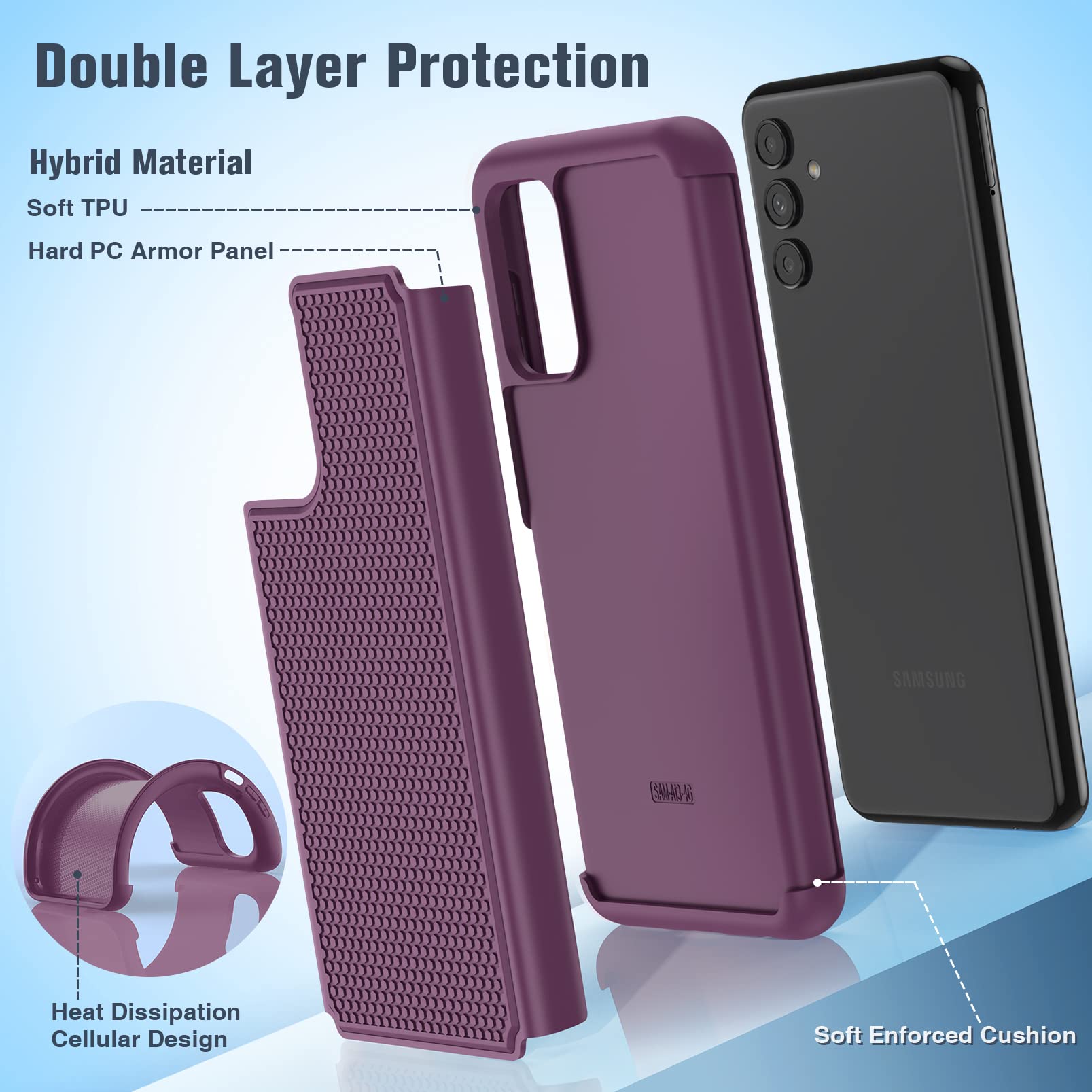 BNIUT for Samsung Galaxy A13 5G Case: Dual Layer Protective Heavy Duty Cell Phone Cover Shockproof Rugged with Non Slip Textured Back - Military Protection Bumper Tough - 6.5inch (Burgundy Purple)