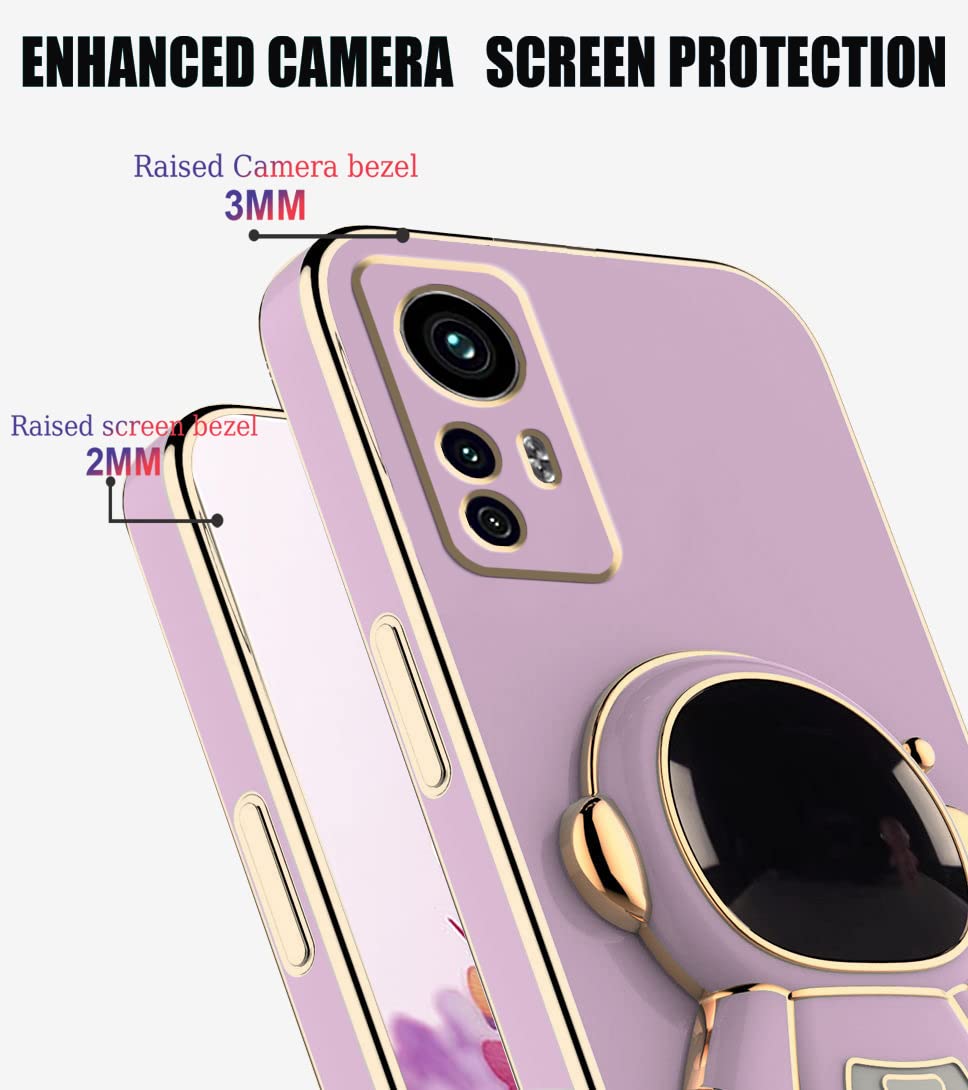 Compatible with Redmi Note 12s Case with Plating Creative Astronaut Cartoon Holder Pink, Xiaomi Redmi Note 12s Phone Case Silicone Shockproof Stand Soft TPU Protective Slim Cover (Purple)