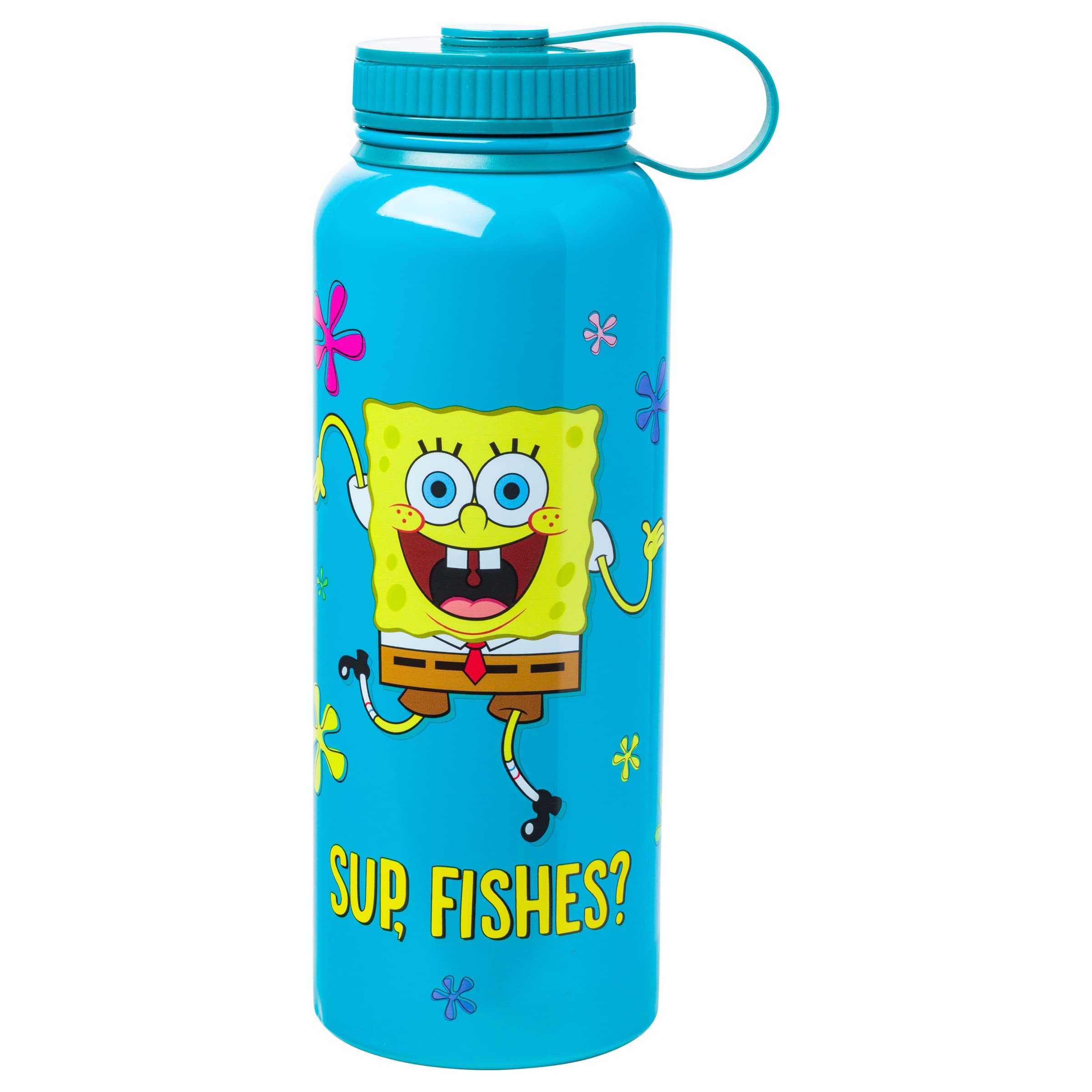 Silver Buffalo Spongebob Sup Fishes Stainless Steel Water Bottle With Twist Lid, 42 Ounces