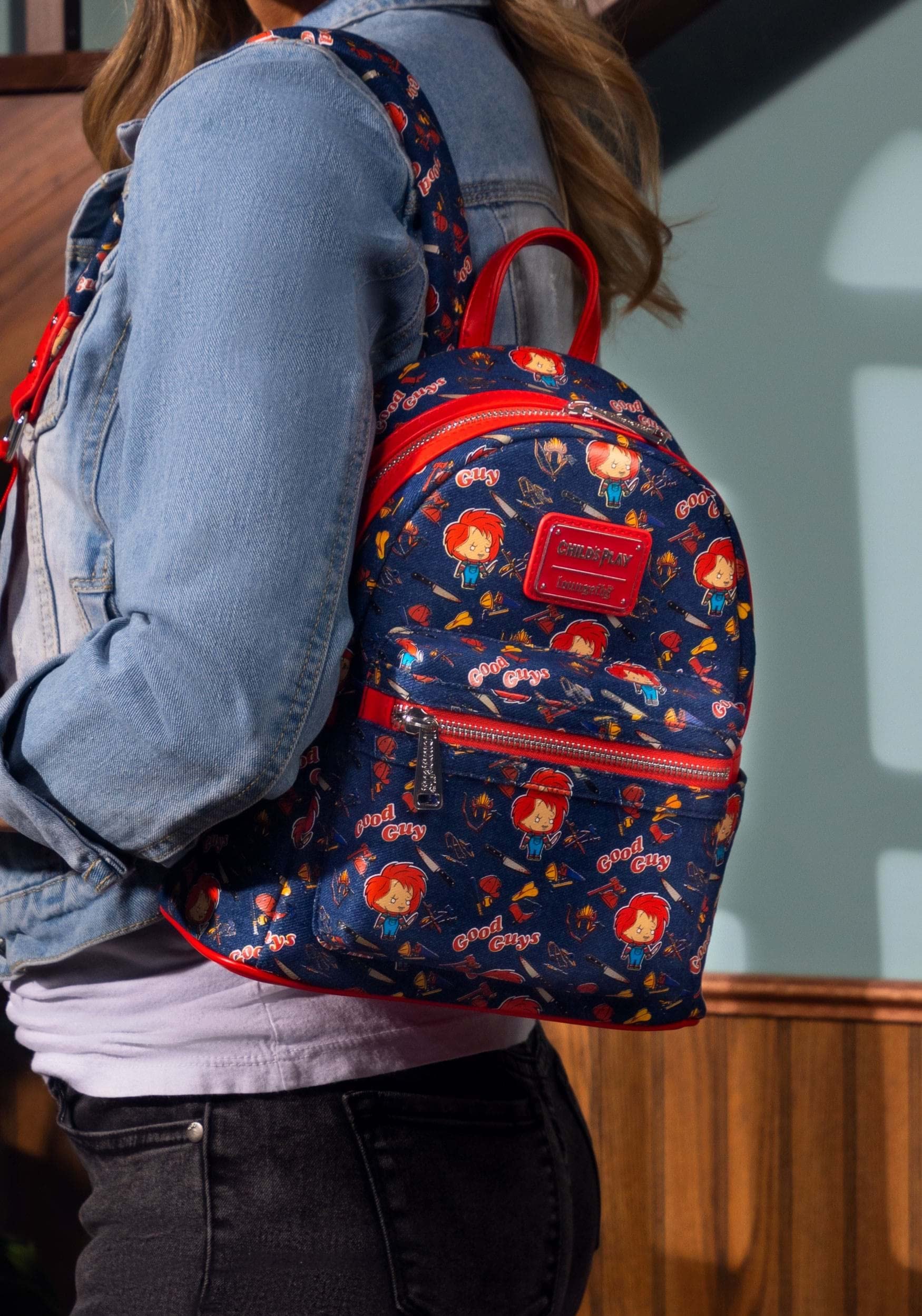 Child's Play Good Guy Chucky Doll Denim AOP Mini Backpack, Horror Fashion Bag Standard