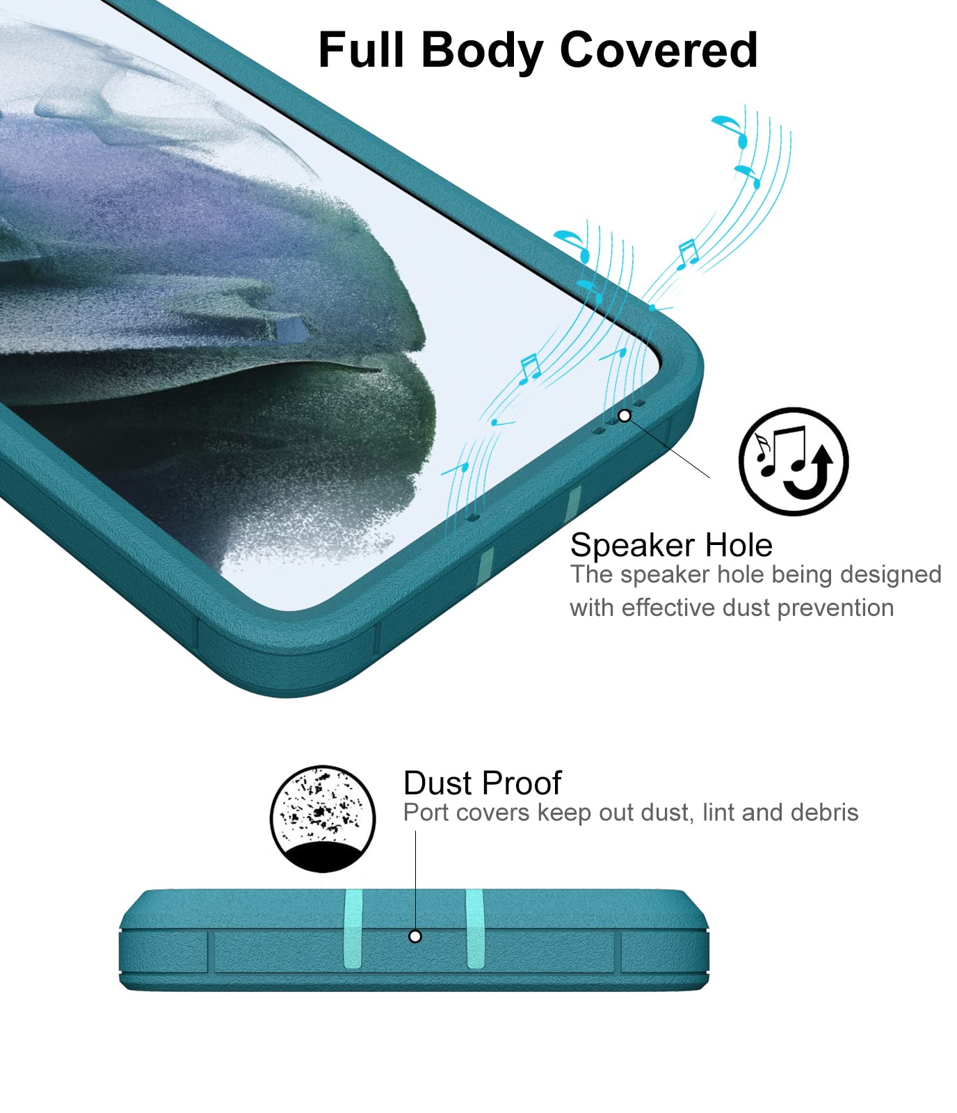 Dahkoiz for Samsung Galaxy S21 FE 5G Case, and Glass Screen Protector, Dust Proof Port Cover, Full Body Protection Durable Rubber Cover Phone Case, Teal