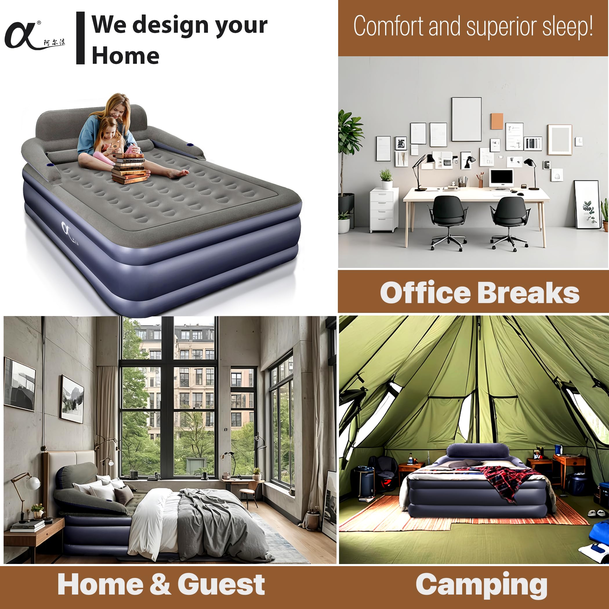 A-ER-FA Queen Air Mattress with Headboard and Cup Holder, Comfort Blow Up Mattress, Inflatable Mattress for Guests and Home, Colchon Inflable, Air Bed