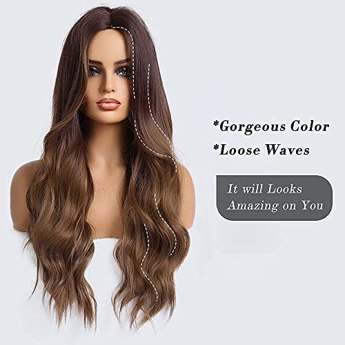 HAIRCUBE Long Ombre Brown Wigs for Women Synthetic Curly Wavy Hair Wig for Daily