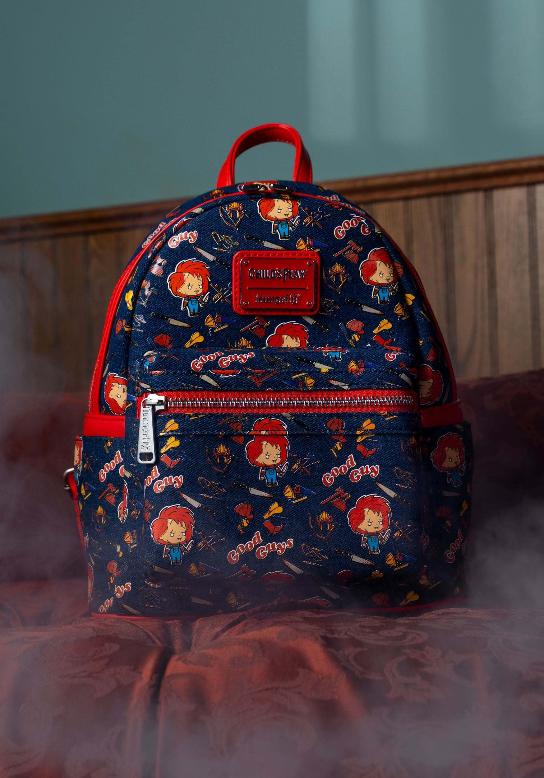 Child's Play Good Guy Chucky Doll Denim AOP Mini Backpack, Horror Fashion Bag Standard