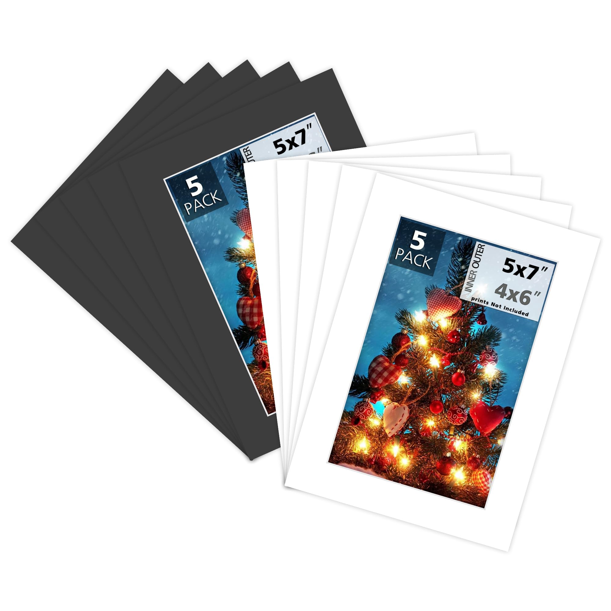 Mat Board Center, 10 Pack Pre-Cut 5x7 Picture Mats for 4x6 Photos/Prints - Acid Free, Bevel Cut, White Core, 4-Ply Thickness (White & Black)