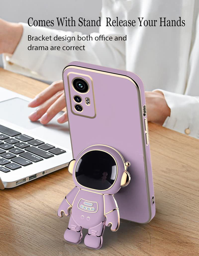 Compatible with Redmi Note 12s Case with Plating Creative Astronaut Cartoon Holder Pink, Xiaomi Redmi Note 12s Phone Case Silicone Shockproof Stand Soft TPU Protective Slim Cover (Purple)