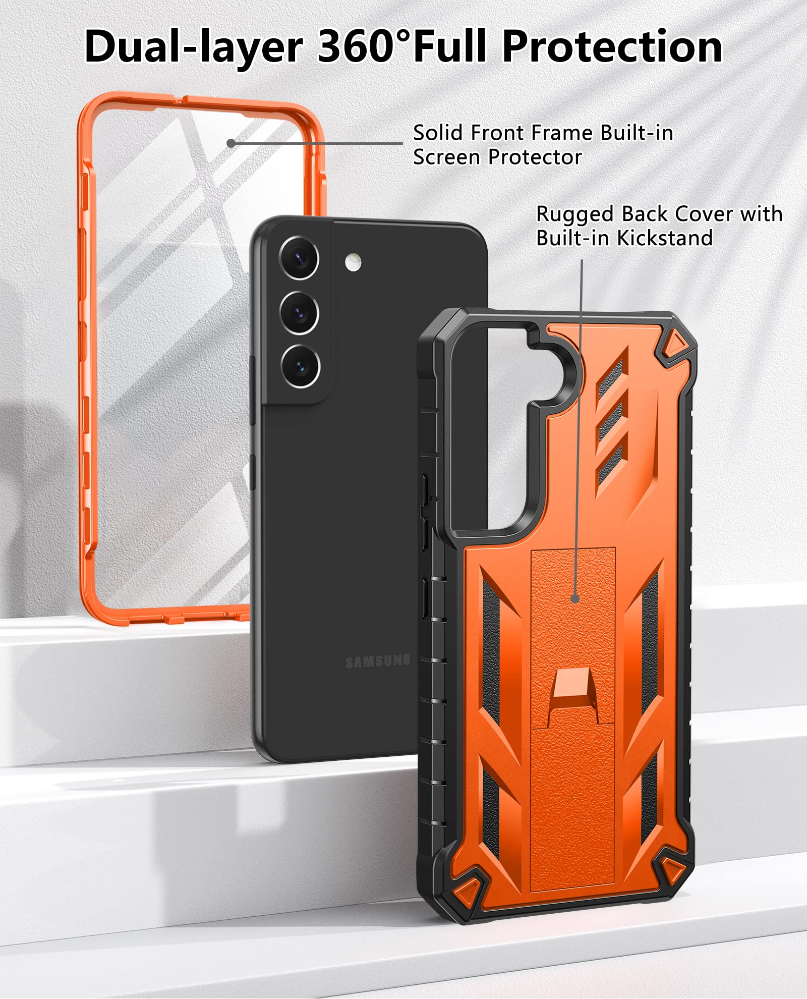 SOiOS for Samsung Galaxy S22 Protective Case: Military Grade Drop Proof Protection Mobile Phone Cover with Kickstand | Rugged Shockproof TPU Matte Textured Sturdy Phone Bumper (Orange)
