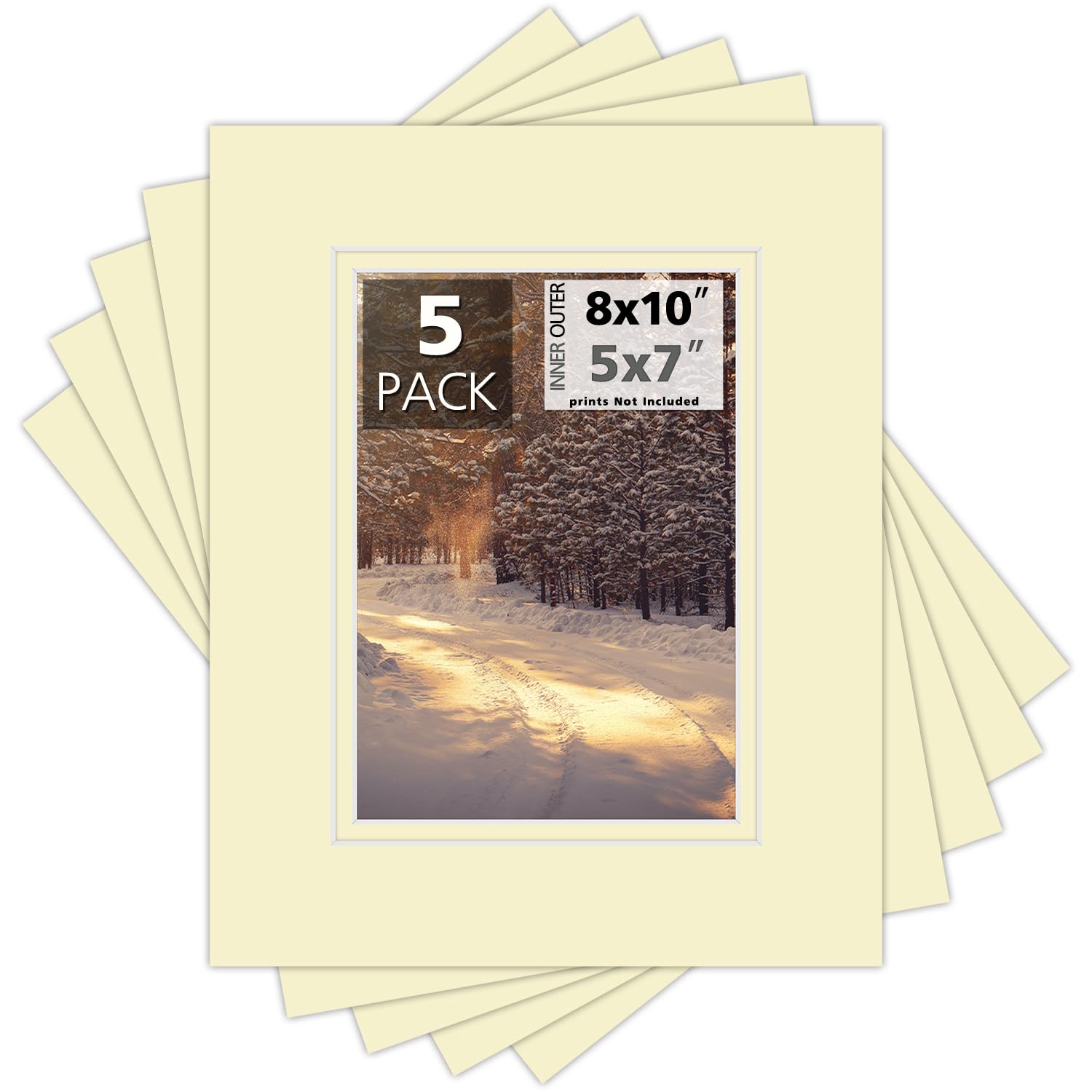 Mat Board Center, Pack of 5, 8x10 for 5x7 Photo Picture Double Mats - Acid Free, 8-ply Thickness, White Core - for Pictures, Photos, Framing (Ivory Over Ivory Color)