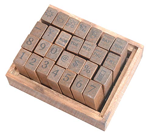 Pack of 28 Pcs Small Wooden Rubber Stamps 0.24 Inch of Number Week Weather for DIY Craft Card and Photo Album (28pcs Number Week Weather)