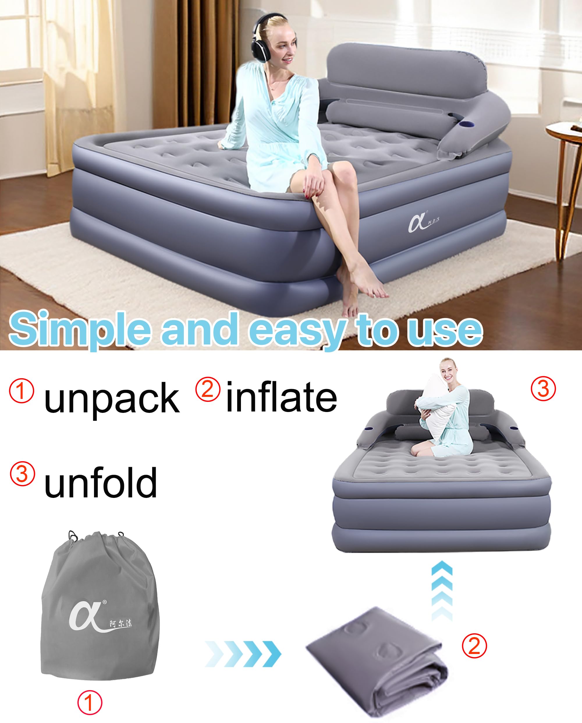 A-ER-FA Queen Air Mattress with Headboard and Cup Holder, Comfort Blow Up Mattress, Inflatable Mattress for Guests and Home, Colchon Inflable, Air Bed