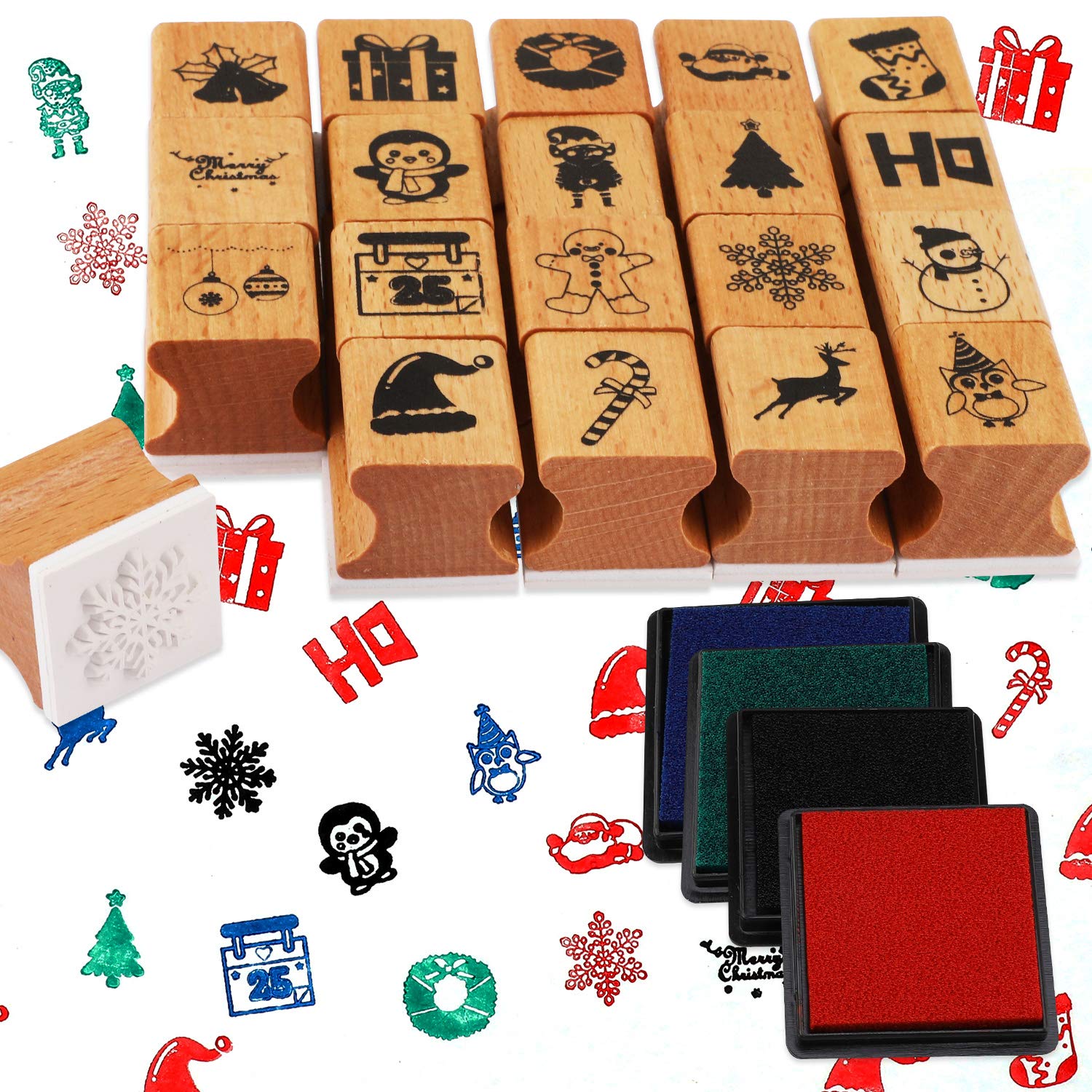 HOWAF 24pcs Wooden Christmas Stamps with Ink Pad for Kids Crafting Card Making Painting, Christmas Stamp for Children DIY Scrapbooks Wrapping Paper Gift Christmas Party Bag Fillers Favor Supplies Xmas