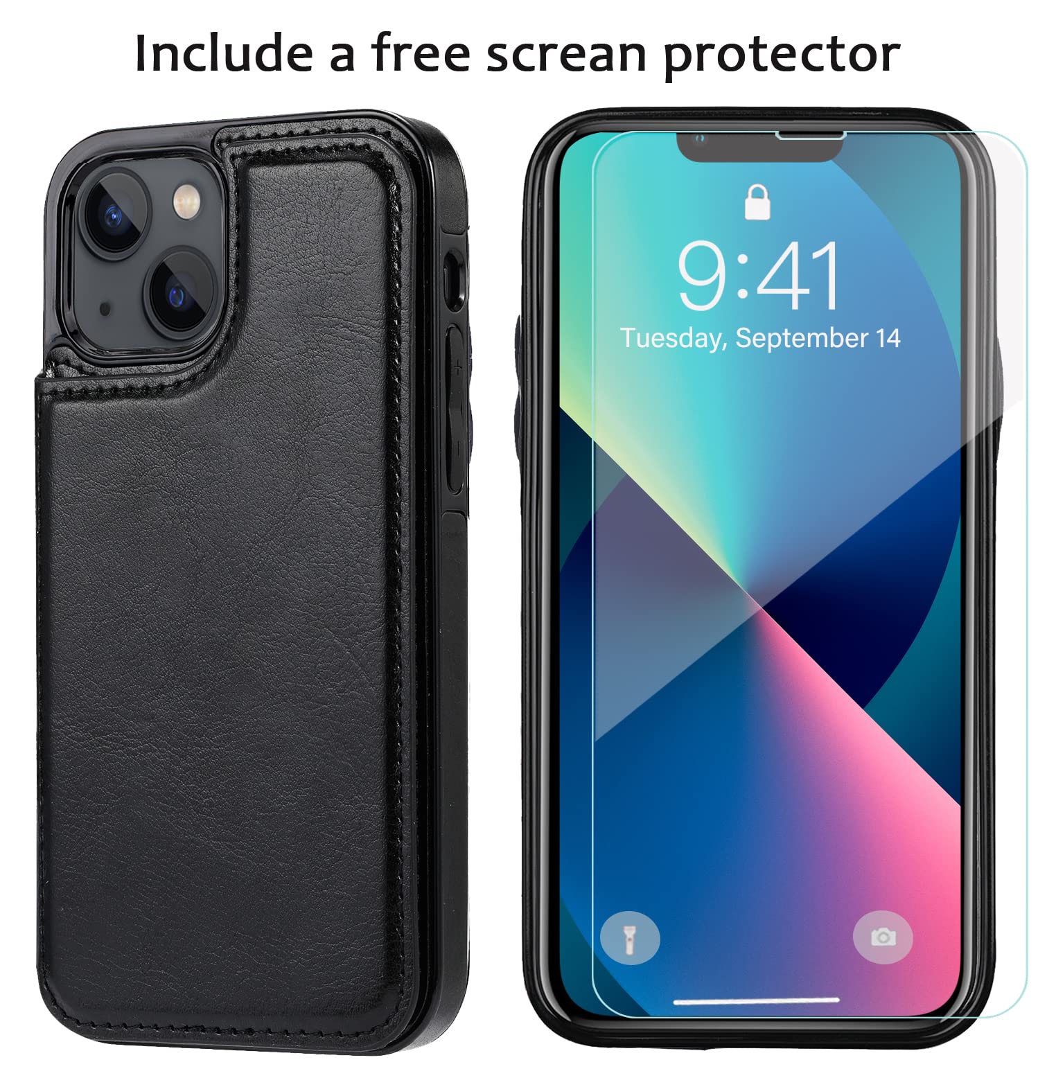 JOYAKI Wallet Case Compatible with iPhone 13,Slim Protective case with Card Holder,PU Leather Kickstand Card Slots Case with a Free Screen Protective Glass for iPhone 13(6.1")-Black