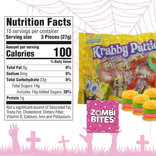 Burger Gummy Bundle. Includes One-5.08 Oz Bag of Spongebob SquarePants Krabby Patty Gummies Plus a Zombibites Fridge Magnet. Krabby Patty Gummies are Fat Free Gummy Candies!