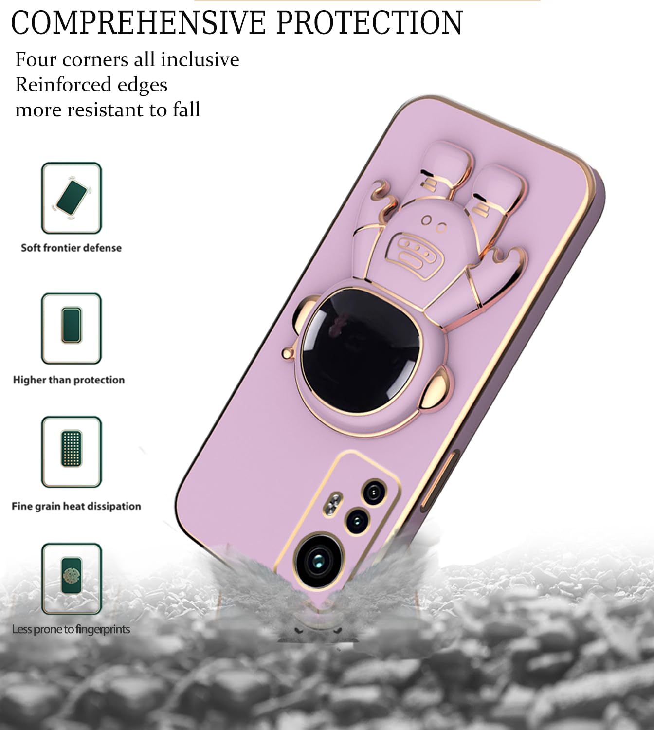 Compatible with Redmi Note 12s Case with Plating Creative Astronaut Cartoon Holder Pink, Xiaomi Redmi Note 12s Phone Case Silicone Shockproof Stand Soft TPU Protective Slim Cover (Purple)