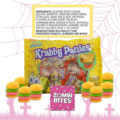 Burger Gummy Bundle. Includes One-5.08 Oz Bag of Spongebob SquarePants Krabby Patty Gummies Plus a Zombibites Fridge Magnet. Krabby Patty Gummies are Fat Free Gummy Candies!