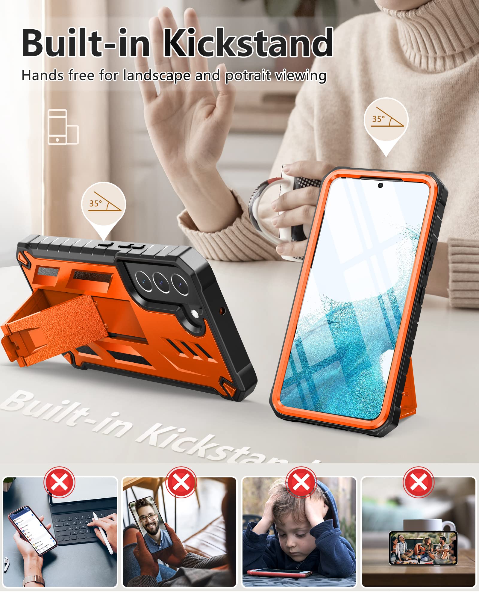 SOiOS for Samsung Galaxy S22 Protective Case: Military Grade Drop Proof Protection Mobile Phone Cover with Kickstand | Rugged Shockproof TPU Matte Textured Sturdy Phone Bumper (Orange)