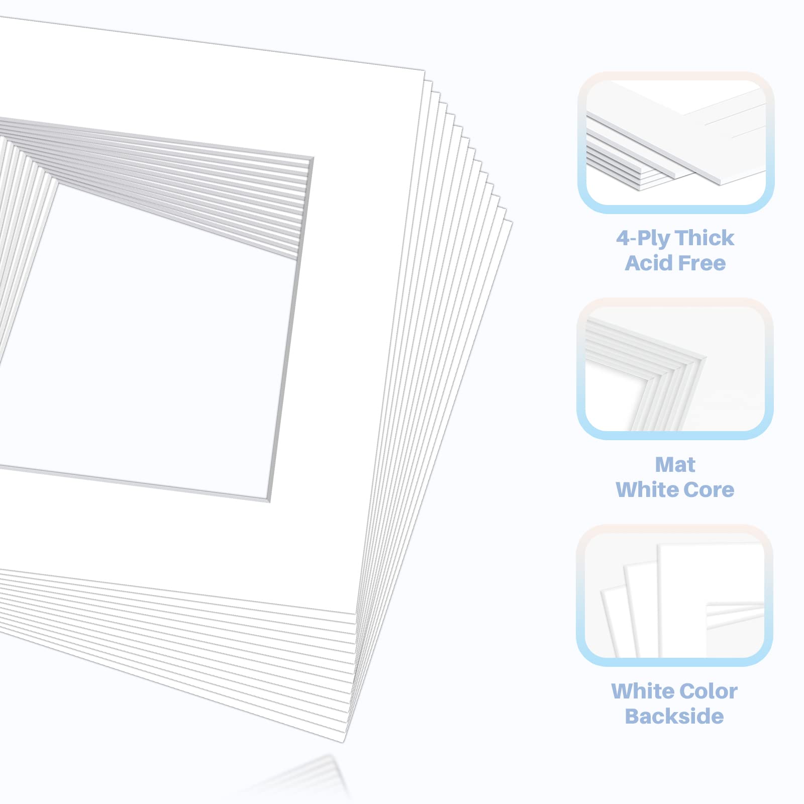 AUEAR 15 Pack Pre-Cut Acid-Free 12x12 White Picture Mats with White Core Bevel Cut for 8x8 Photos/Prints